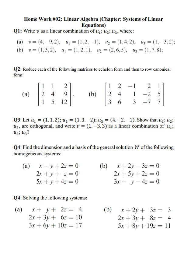 Solved Home Work \#02: Linear Algebra (Chapter: Systems of | Chegg.com