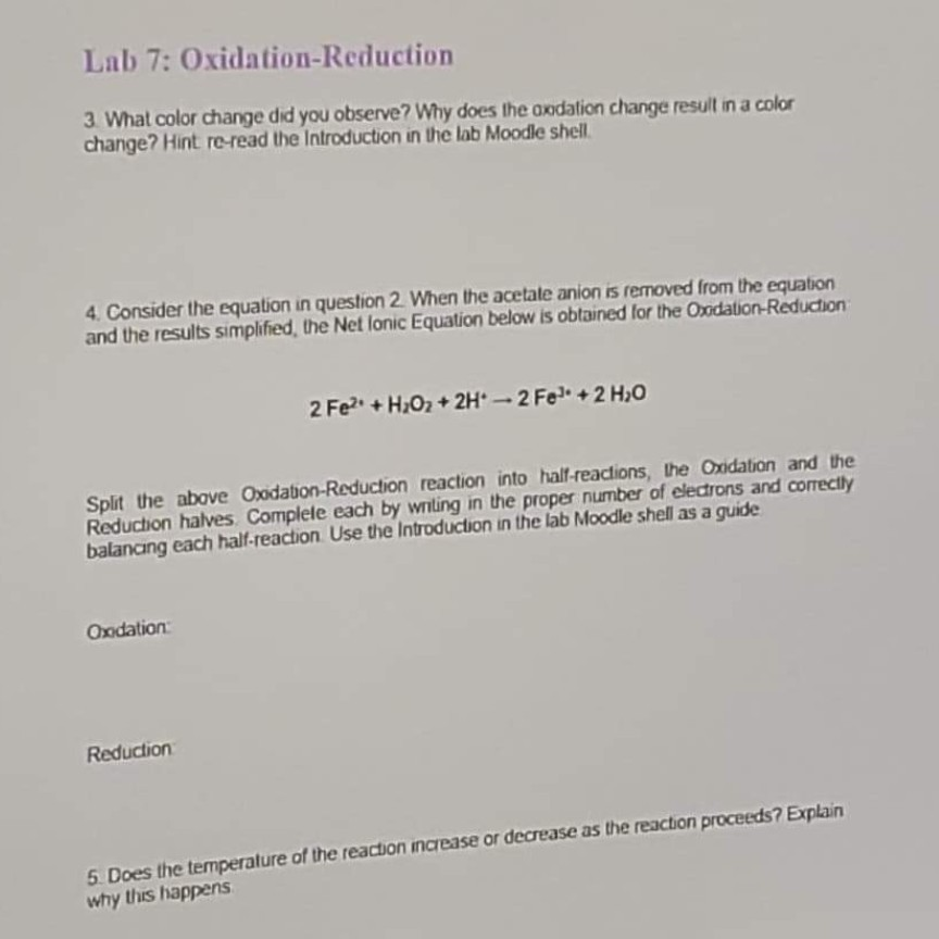 Solved Lab 7: Oxidation-Reduction What color change did you | Chegg.com