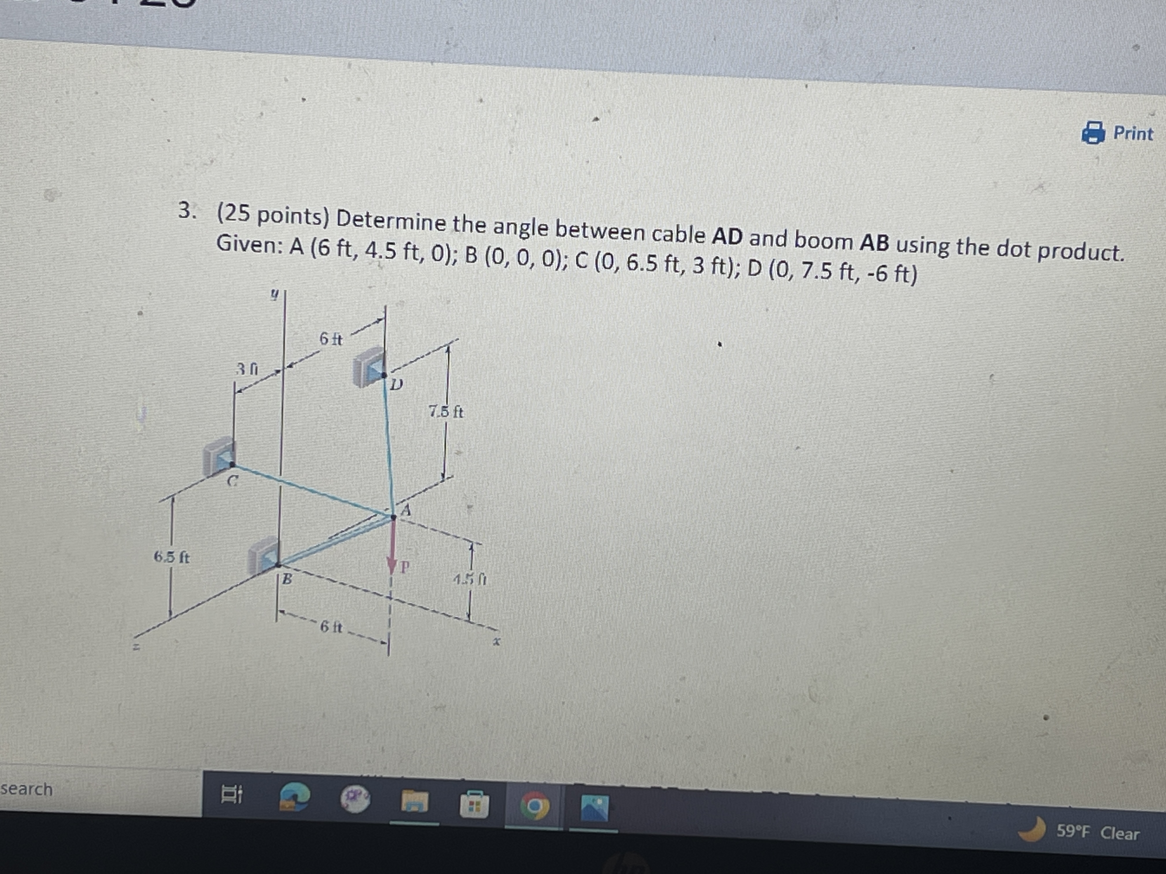 Solved 3. (25 points) Determine the angle between cable AD | Chegg.com Solved 3. (25 points) Determine the angle between cable AD | Chegg.com