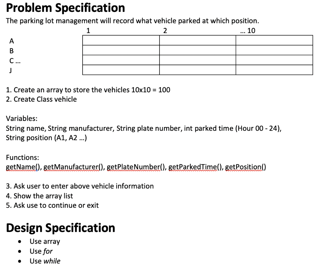 Problem Specification The parking lot management will | Chegg.com