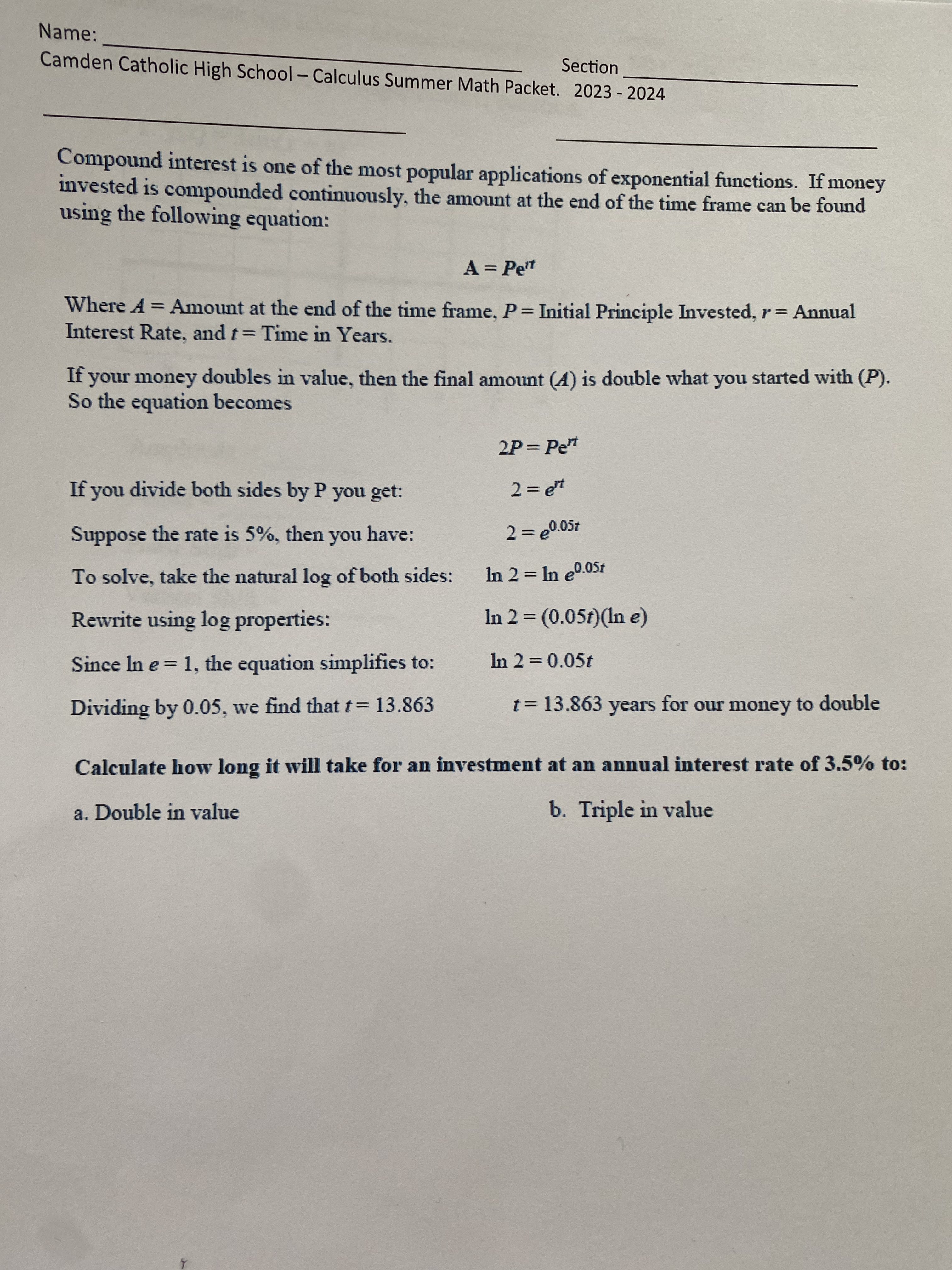 Name: Camden Catholic High School - Calculus Summer | Chegg.com