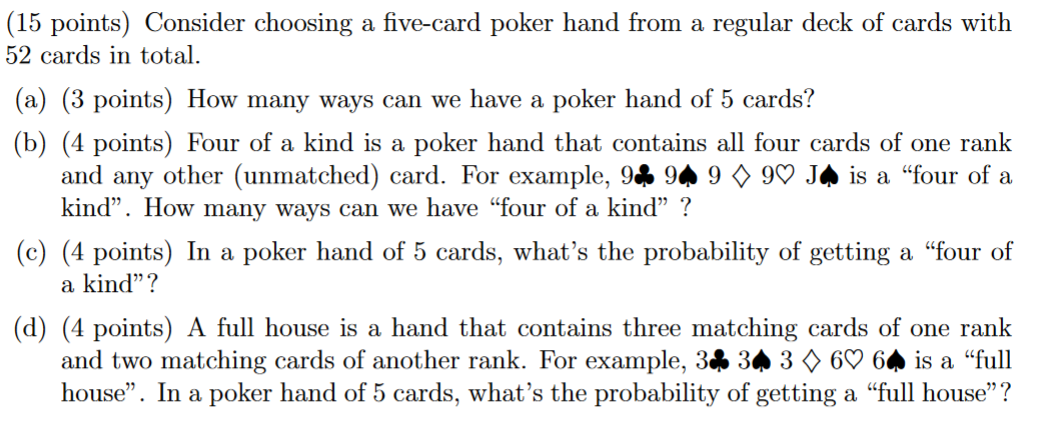 Solved (15 points) Consider choosing a five-card poker hand | Chegg.com