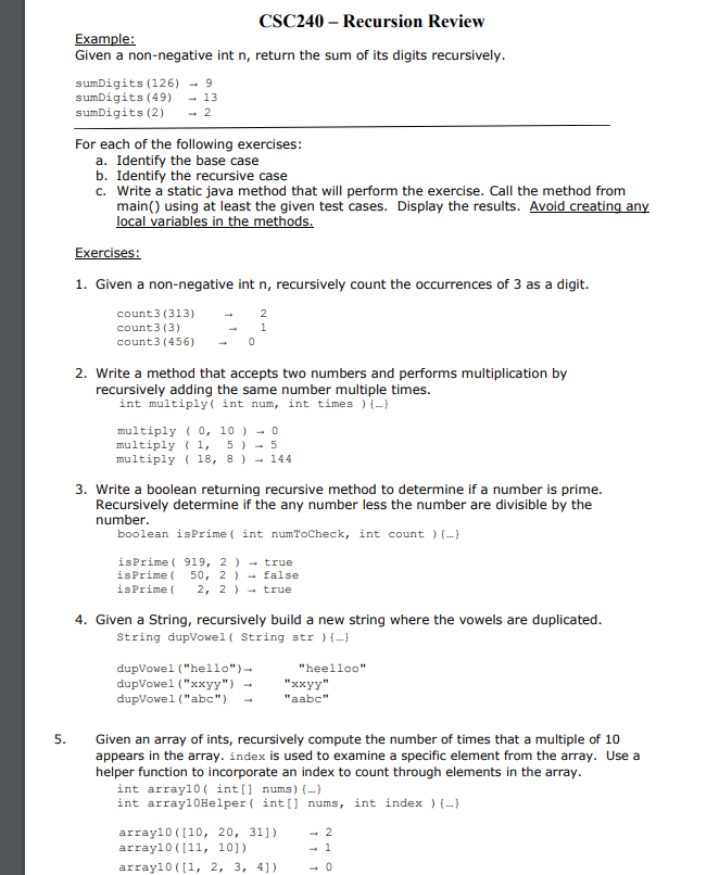 Solved CSC240 - Recursion Review Example: Given a | Chegg.com