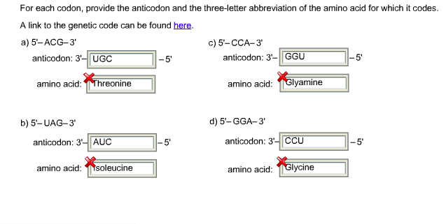 Solved For each codon, provide the anticodon and the | Chegg.com
