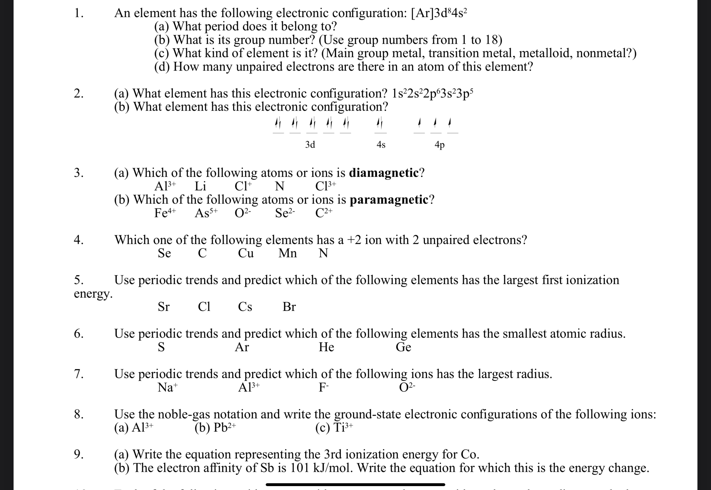 Solved An element has the following electronic | Chegg.com