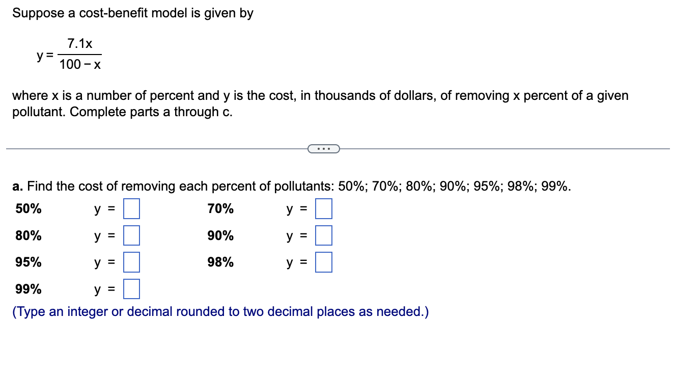 Solved Suppose a cost-benefit model is given by y=100−x7.1x | Chegg.com