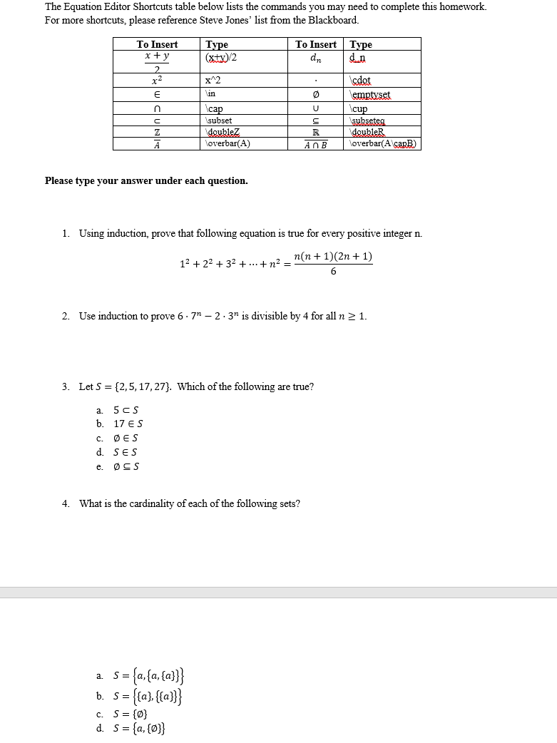 Solved The Equation Editor Shortcuts table below lists the | Chegg.com