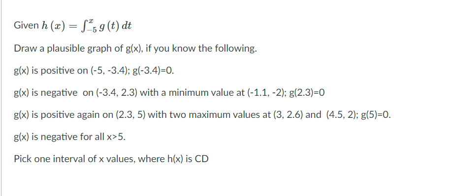Solved Given h(x)=∫−5xg(t)dt Draw a plausible graph of g(x), | Chegg.com
