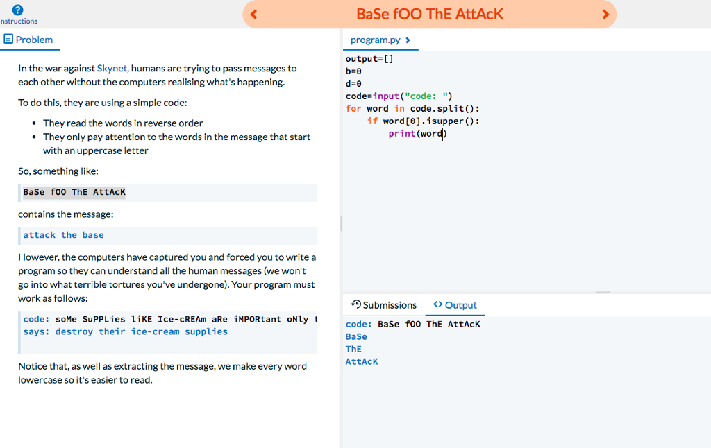 Solved 2 BaSe fOO ThE AttAcK Problem program.py output [] b | Chegg.com