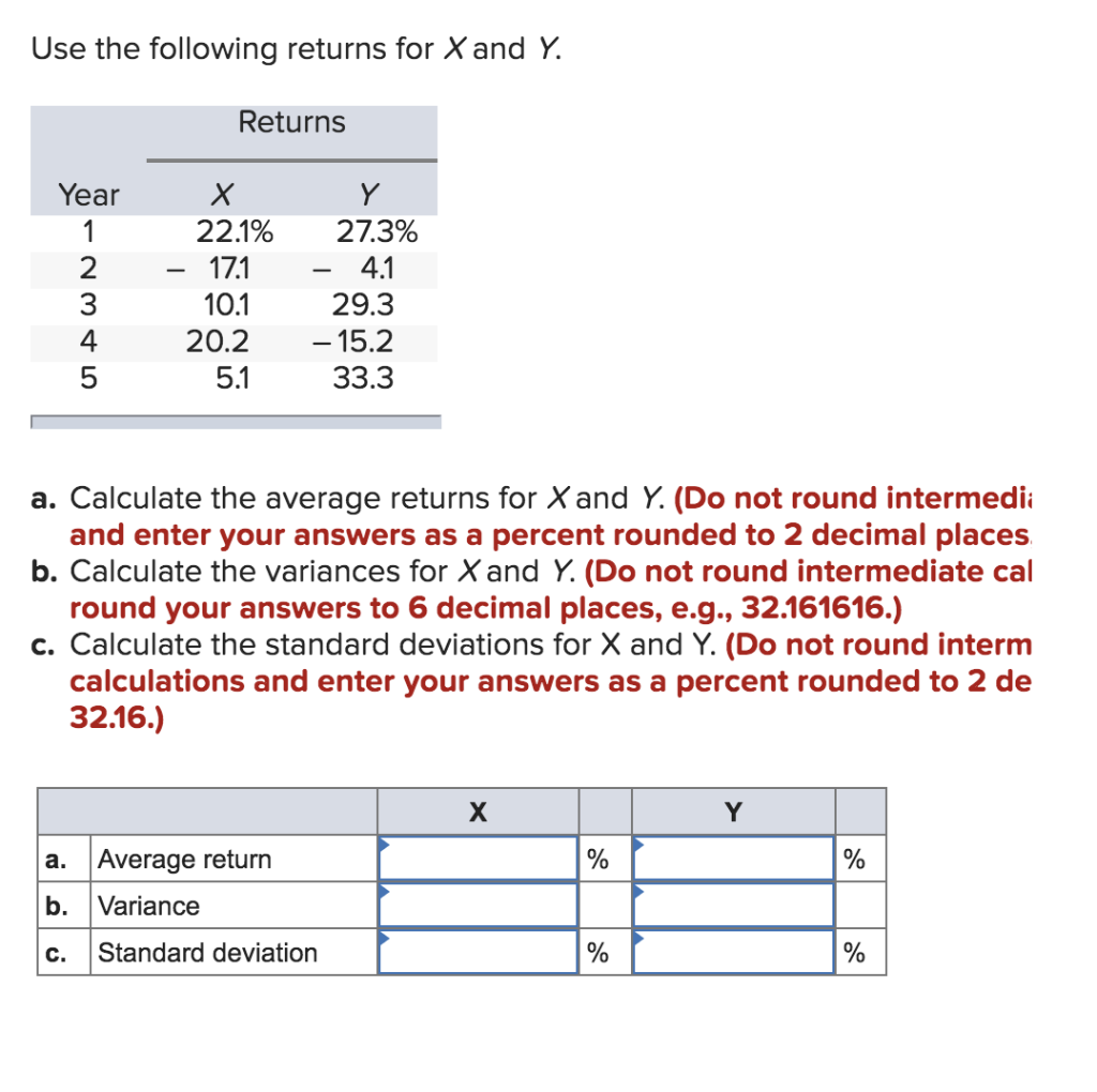 Solved Use the following returns for X and Y. Returns Year 1 | Chegg.com