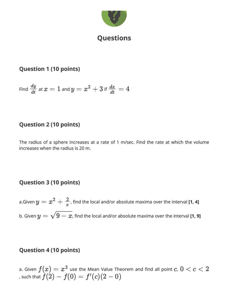 Solved Find dtdy at x=1 and y=x2+3 if dtdx=4 Question 2 (10 | Chegg.com