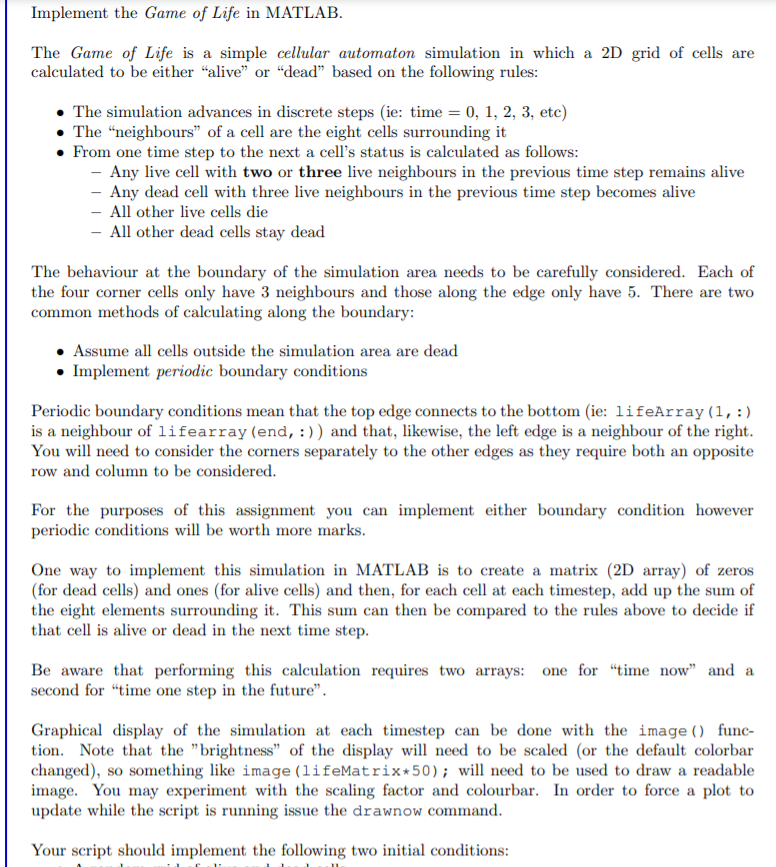 Solved Implement the Game of Life in MATLAB. The Game of | Chegg.com