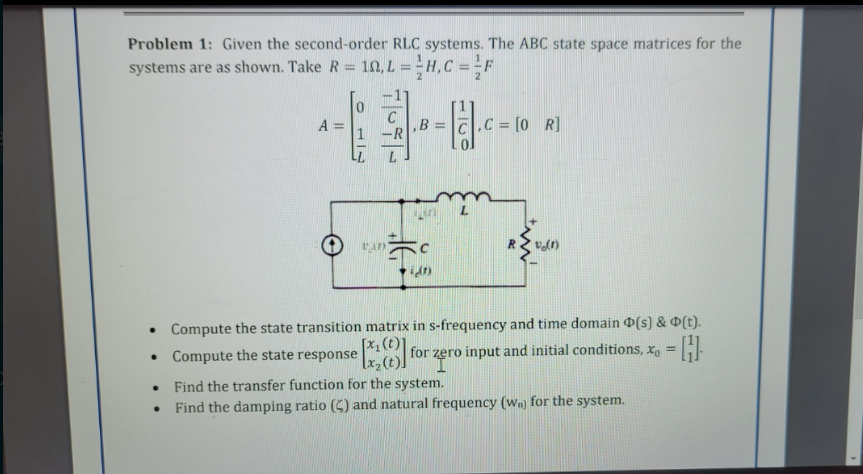 Solved Problem 1: Given the second-order RLC systems. The | Chegg.com