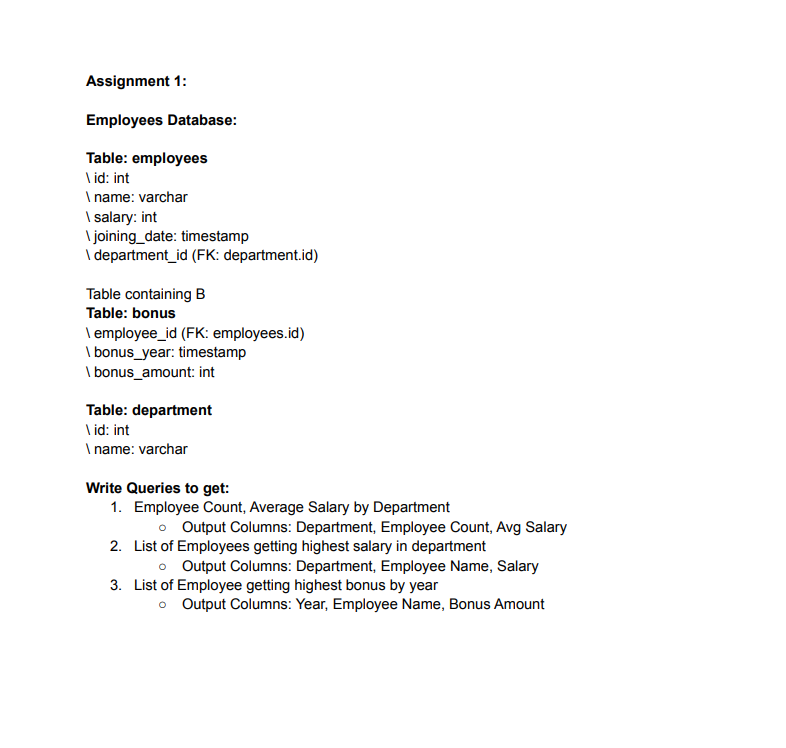 Solved Assignment 1: Employees Database: Table: employees | Chegg.com