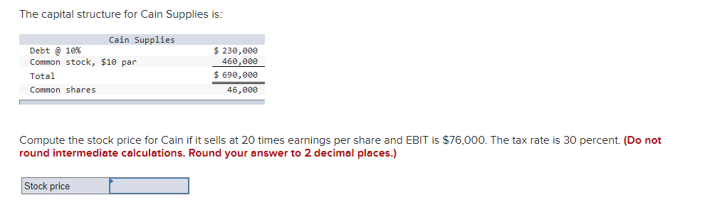 Solved The capital structure for Cain Supplies is: Cain | Chegg.com