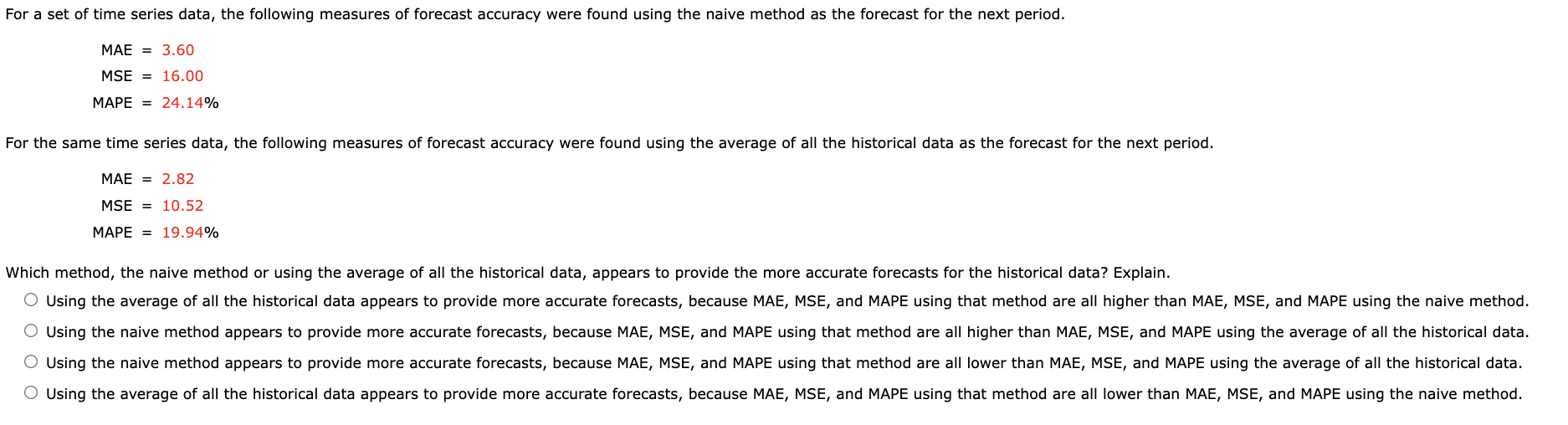 Solved MAE MSE MAPE =3.60=16.00=24.14% For the same time | Chegg.com