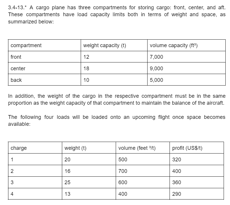 Solved 3.4-13.* A cargo plane has three compartments for | Chegg.com
