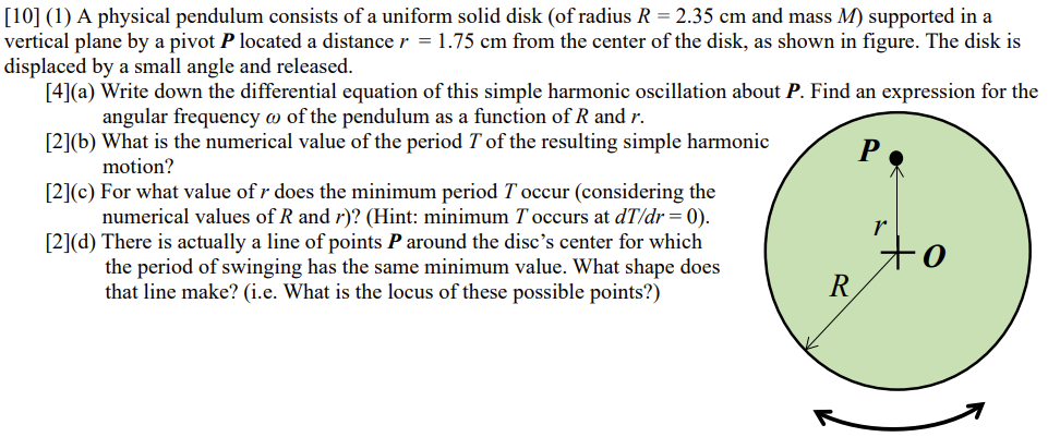 Solved [10] (1) A physical pendulum consists of a uniform | Chegg.com