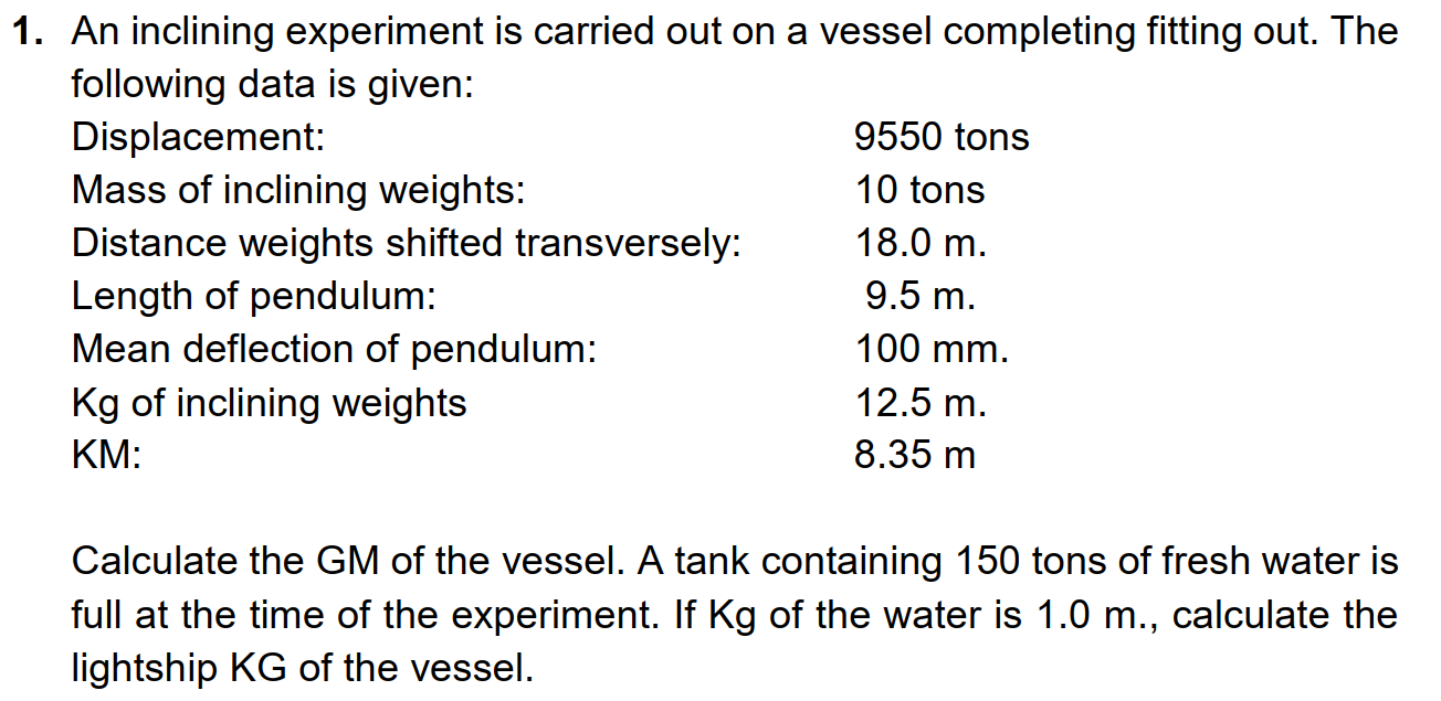 Solved 1. An inclining experiment is carried out on a vessel | Chegg.com
