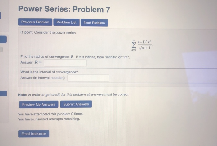 Solved Power Series: Problem 11 Previous Problem Problem | Chegg.com