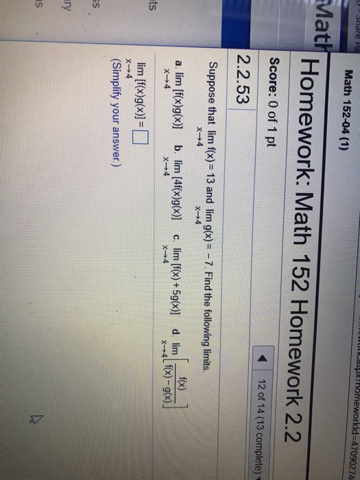 Solved kaspihomeworkld-47090274 Math 152-04 (1) at Homework: | Chegg.com