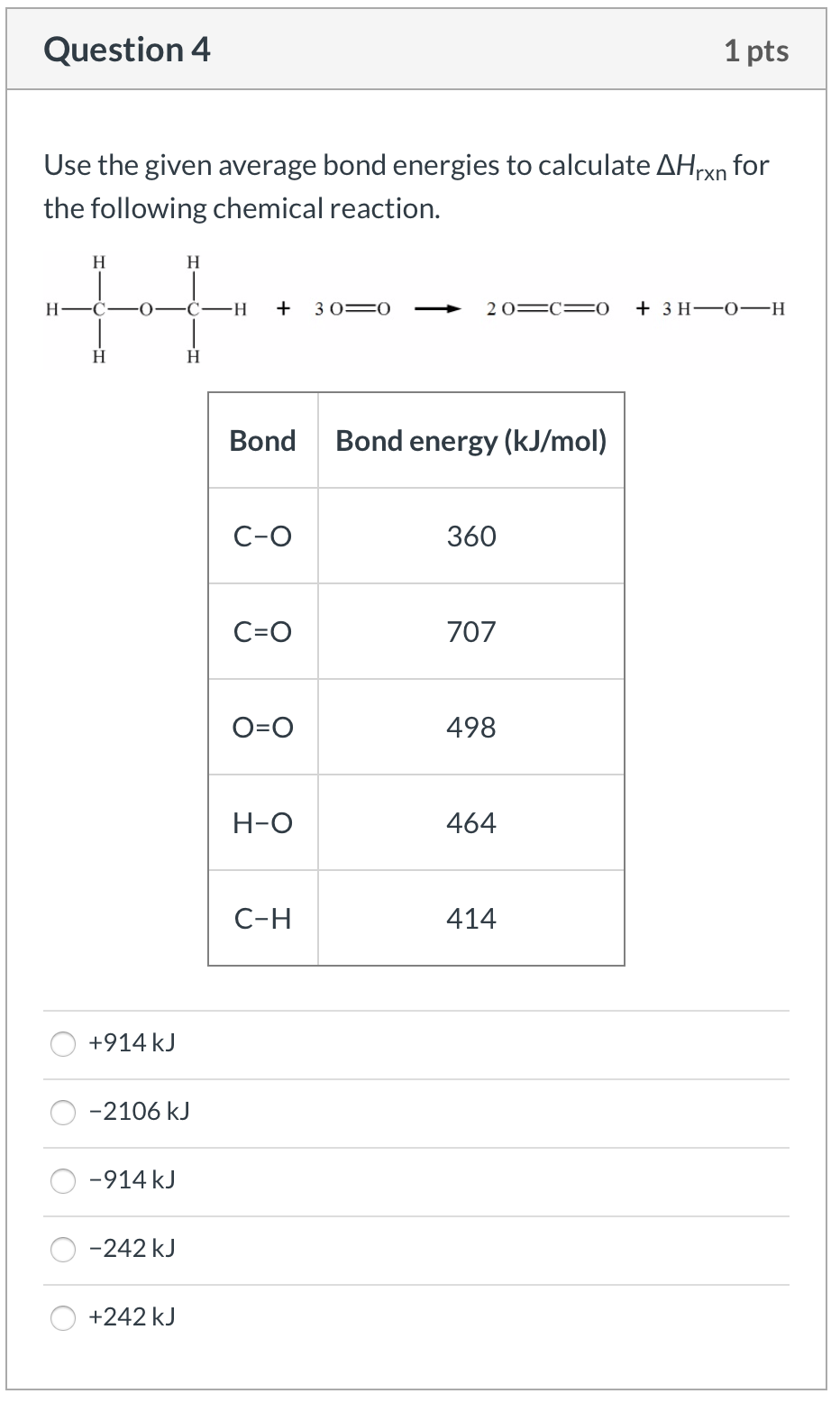 Solved Question 4 1 pts Use the given average bond energies | Chegg.com