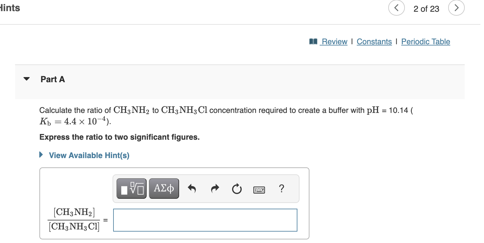 Solved Calculate the ratio of CH3NH2 to CH3NH3Cl | Chegg.com