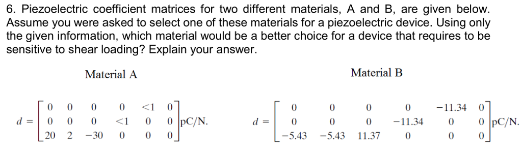 Solved 6. Piezoelectric coefficient matrices for two | Chegg.com
