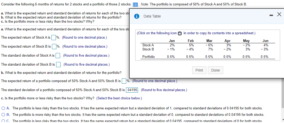 Solved Consider the following 6 months of returns for 2 | Chegg.com