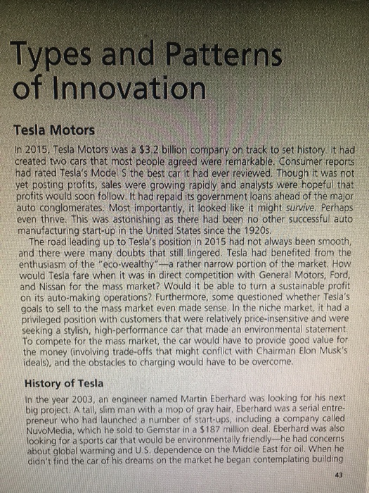Solved Types and Patterns of Innovation Tesla Motors In | Chegg.com