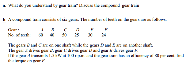 Solved a. What do you understand by gear train? Discuss the | Chegg.com