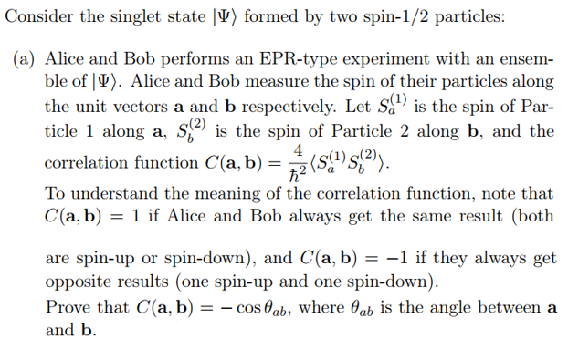 Solved nsider the singlet state ∣Ψ formed by two spin-1/2 | Chegg.com