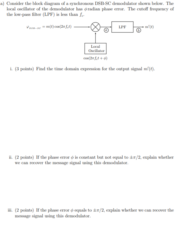 Solved a) Consider the block diagram of a synchronous DSB-SC | Chegg.com
