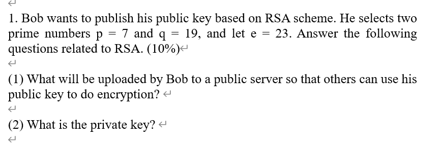 Solved 1. Bob wants to publish his public key based on RSA | Chegg.com