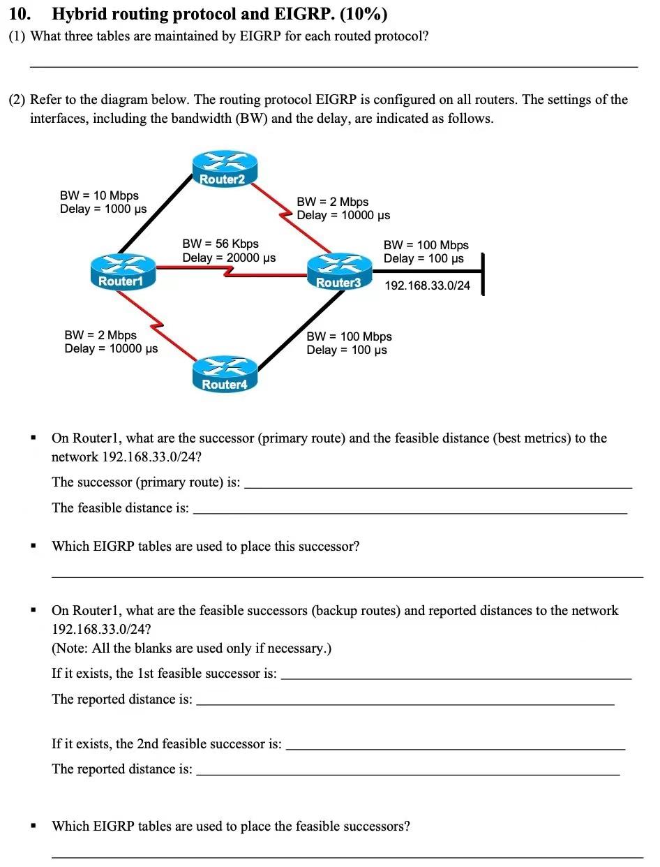 Solved 10. Hybrid routing protocol and EIGRP.(10%) (1) What | Chegg.com
