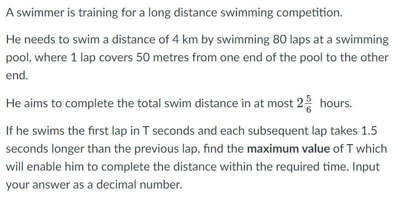 Solved A swimmer is training for a long distance swimming | Chegg.com