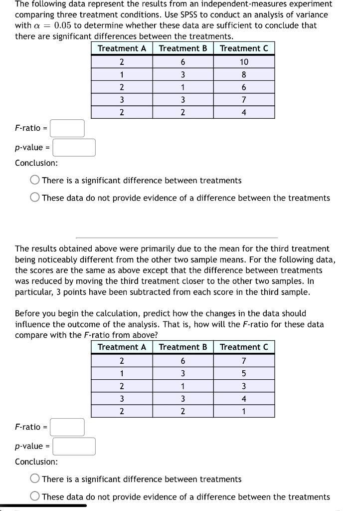 Solved The following data represent the results from an | Chegg.com