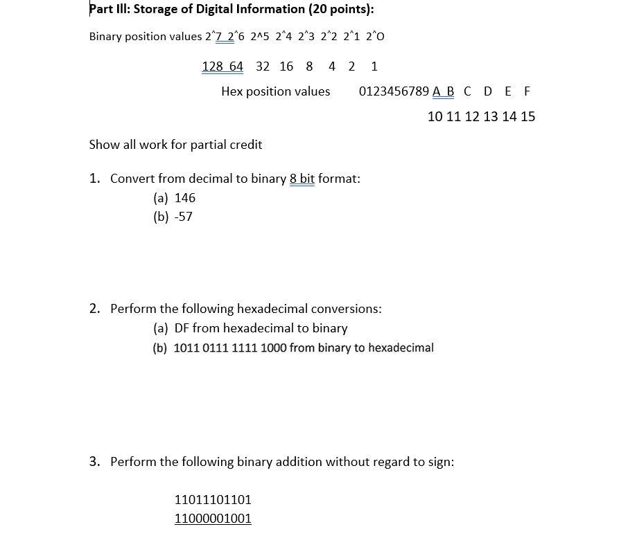 Solved Part Ill: Storage of Digital Information (20 points): | Chegg.com