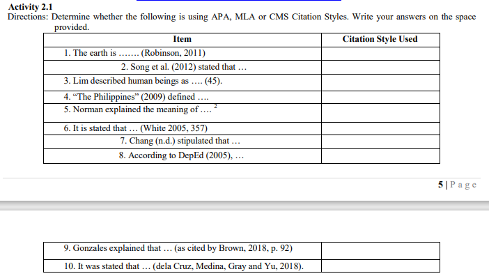 Solved Item Activity 2.1 Directions: Determine whether the | Chegg.com