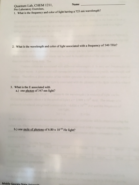 Solved Name Quantum Lab, CHEM 1211, Pre-Laboratory | Chegg.com