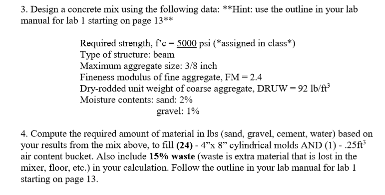 3. Design a concrete mix using the following data: | Chegg.com