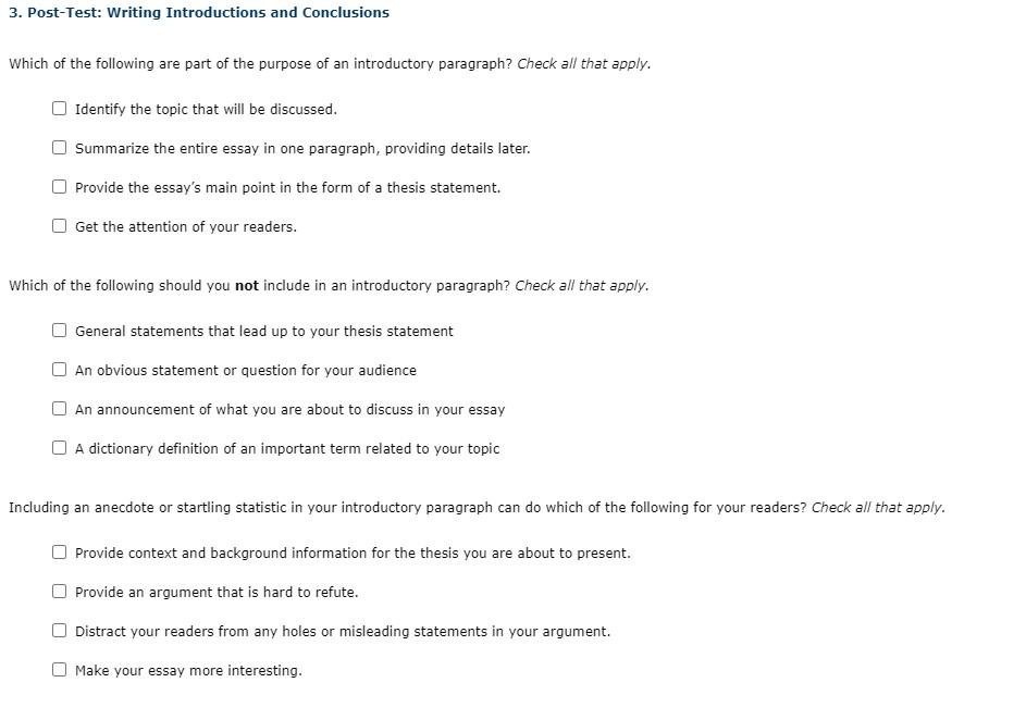 Solved 3 Post Test Writing Introductions And Conclusions Chegg