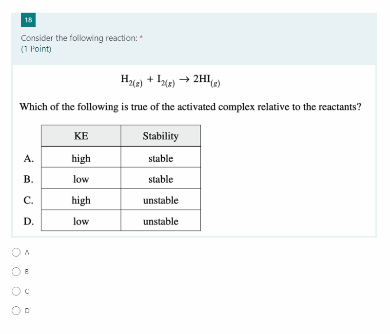 Solved 18 Consider the following reaction: * (1 Point) H2(8) | Chegg.com
