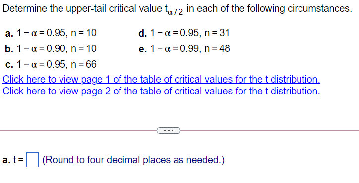 Solved Determine the upper-tail critical value ta/2 in each | Chegg.com