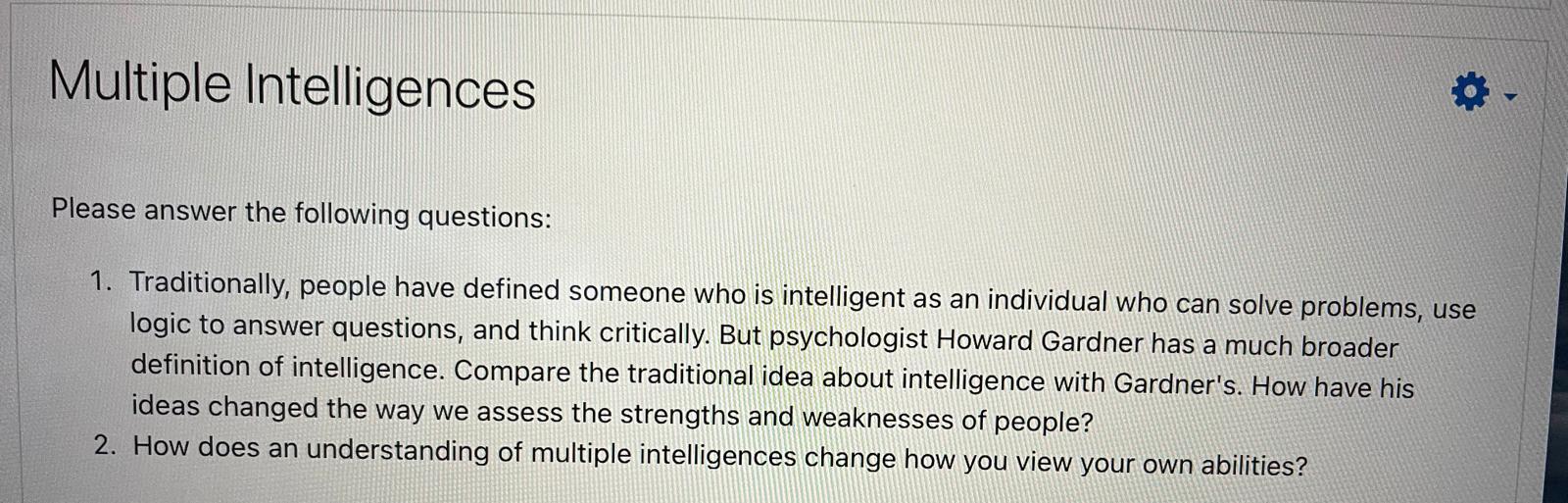 Solved Multiple Intelligences Please answer the following | Chegg.com