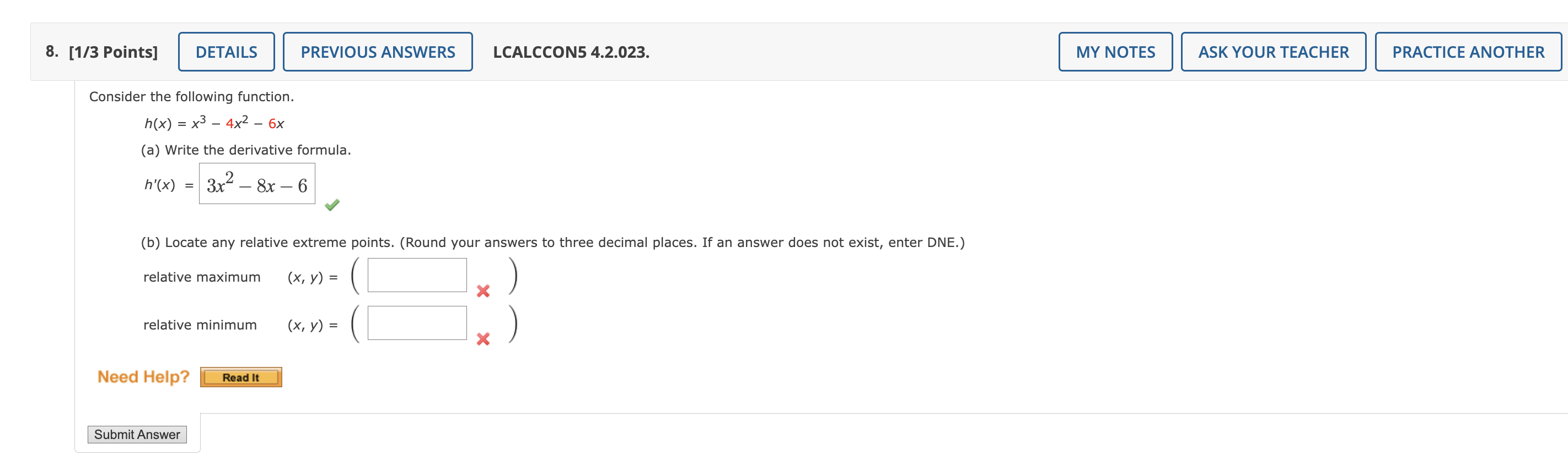 Solved Consider the following function. h(x)=x3−4x2−6x (a) | Chegg.com