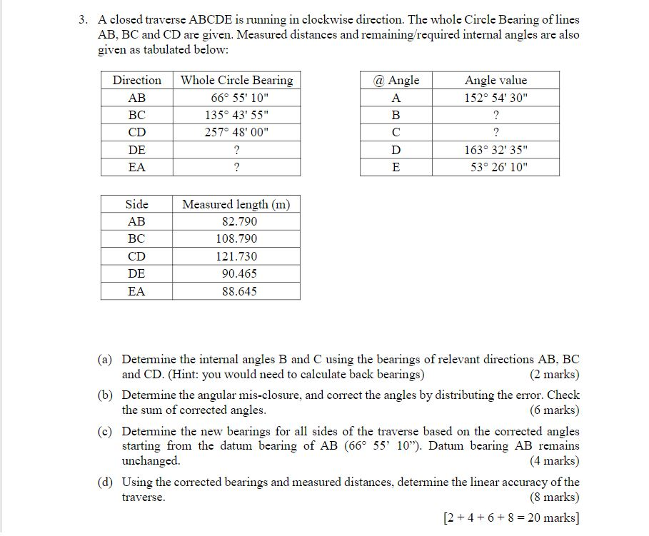 Solved 3. A closed traverse ABCDE is running in clockwise | Chegg.com