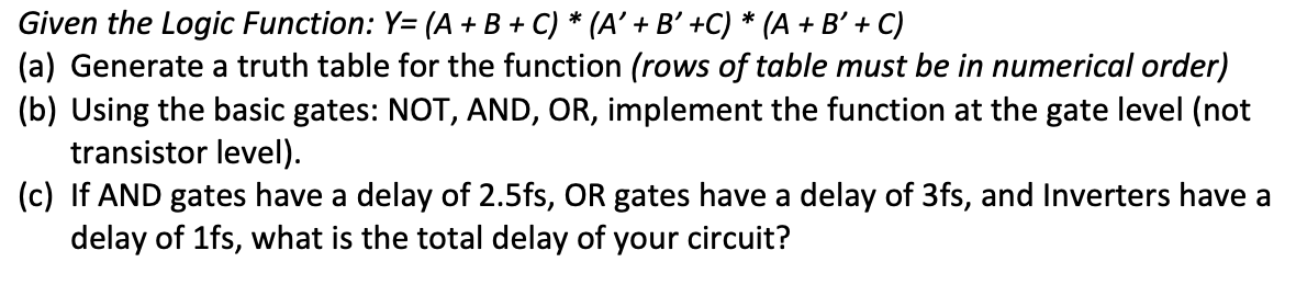 Solved Given the Logic Function: Y= (A + B + C) * (A' + B' | Chegg.com
