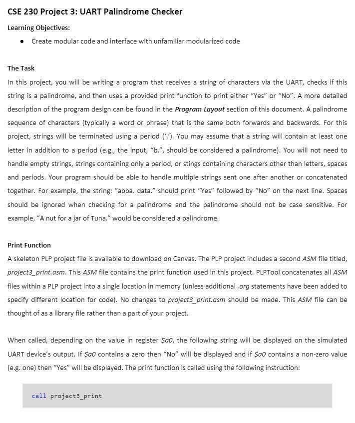 Solved CSE 230 Project 3: UART Palindrome Checker Learning | Chegg.com