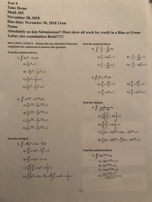 Solved Test 4 Take Home Math 203 November 28, 2018 Due date: | Chegg.com